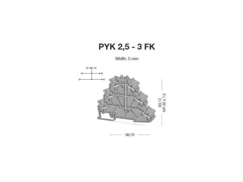Klemsan PYK 2.5-3FK Triple-Level Terminal Block 2.5mm² Gray